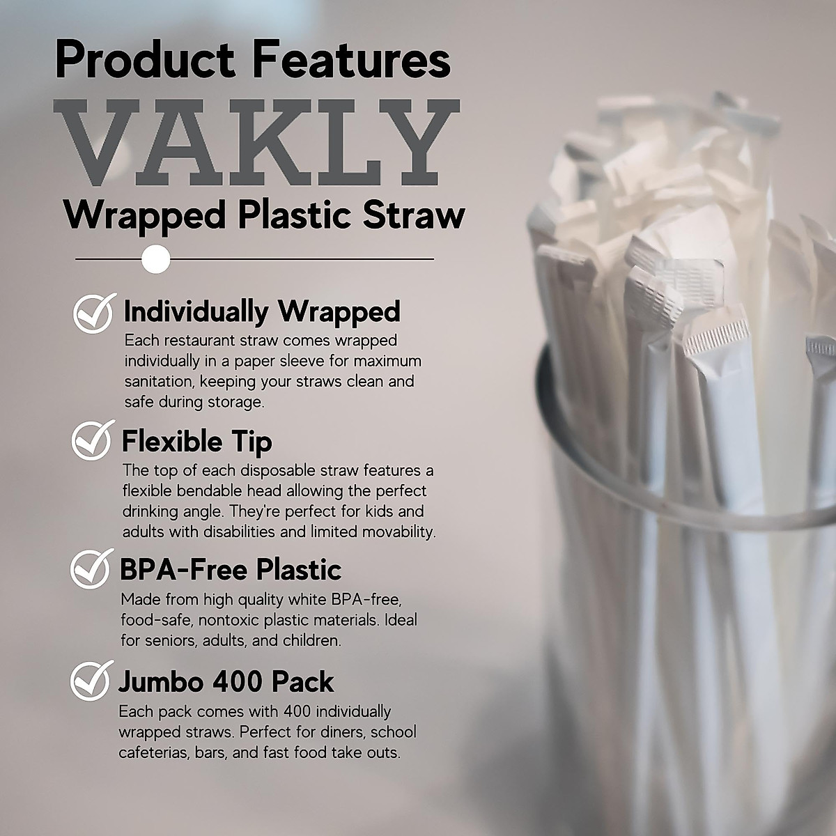 Individually Wrapped Plastic Drinking Straws 7.75'' [400 Pack] Each Individual Restaurant Style Sipping Straw Packaged In Paper Sleeves – White Disposable Flexible BPA-free Food Safe Plastic - (400)