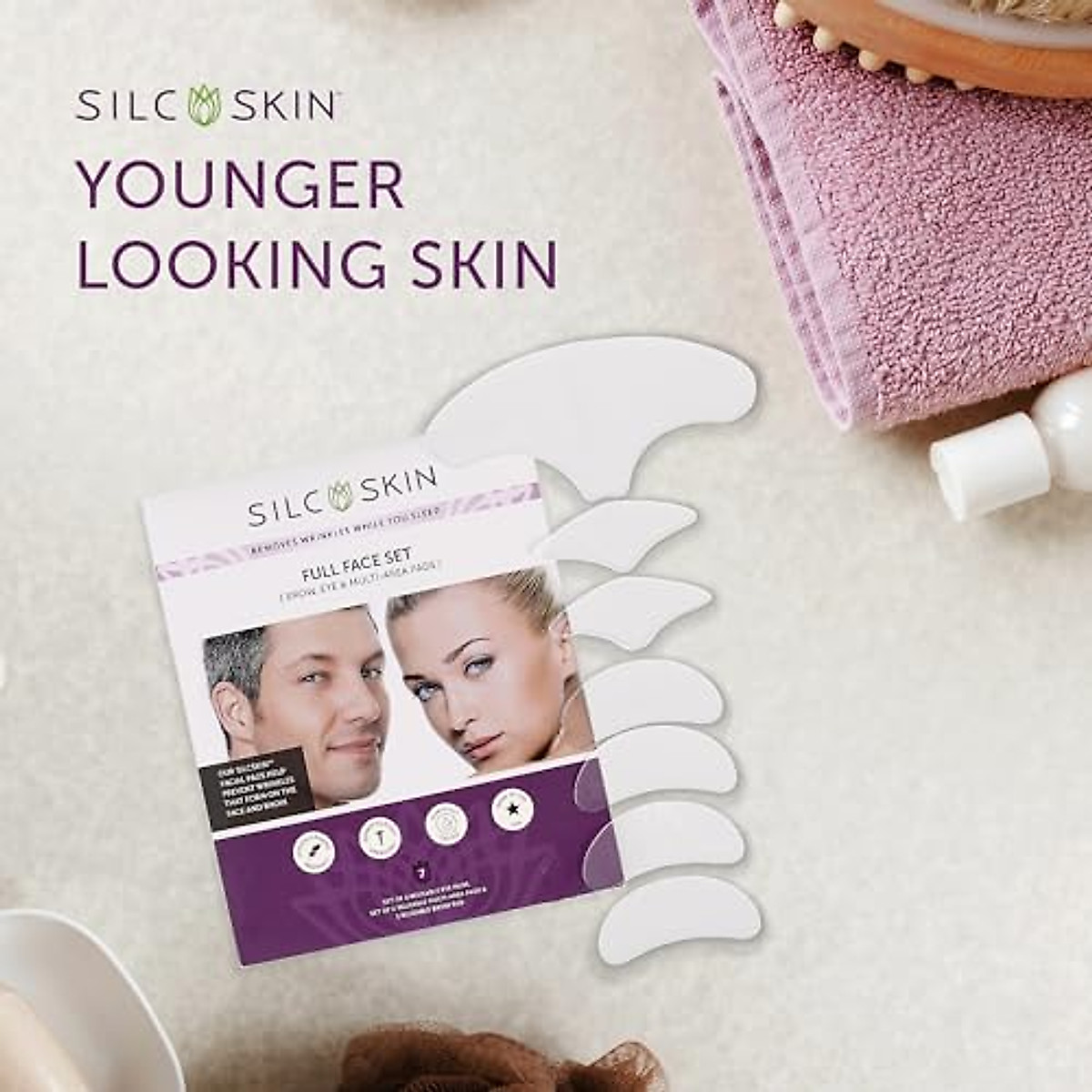 SilcSkin Facial Pad - Full Face Set Reusable Pads, Self-Adhesive Silicone Face Patches, Wrinkle Patches for Face and Eyes - 7 Reusable Face Pads