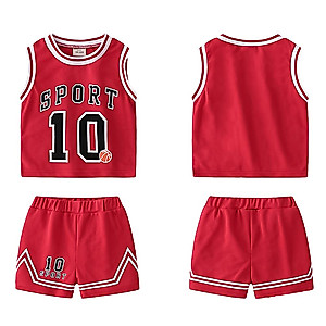 Volunboy Kids Sports Shorts Sets Boys Jerseys Tracksuit 2 Piece Basketball Performance Tank Top and Mesh Shorts Set (Red, 1-2T)