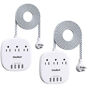 2 Pack Power Strip, Cruise Essentials Desktop Charging Station with 3 Outlet 4 USB Ports 4.5A, Flat Plug, 5 ft Long Braided Extension Cord for Cruise Ship Travel Home Office, ETL Listed, White