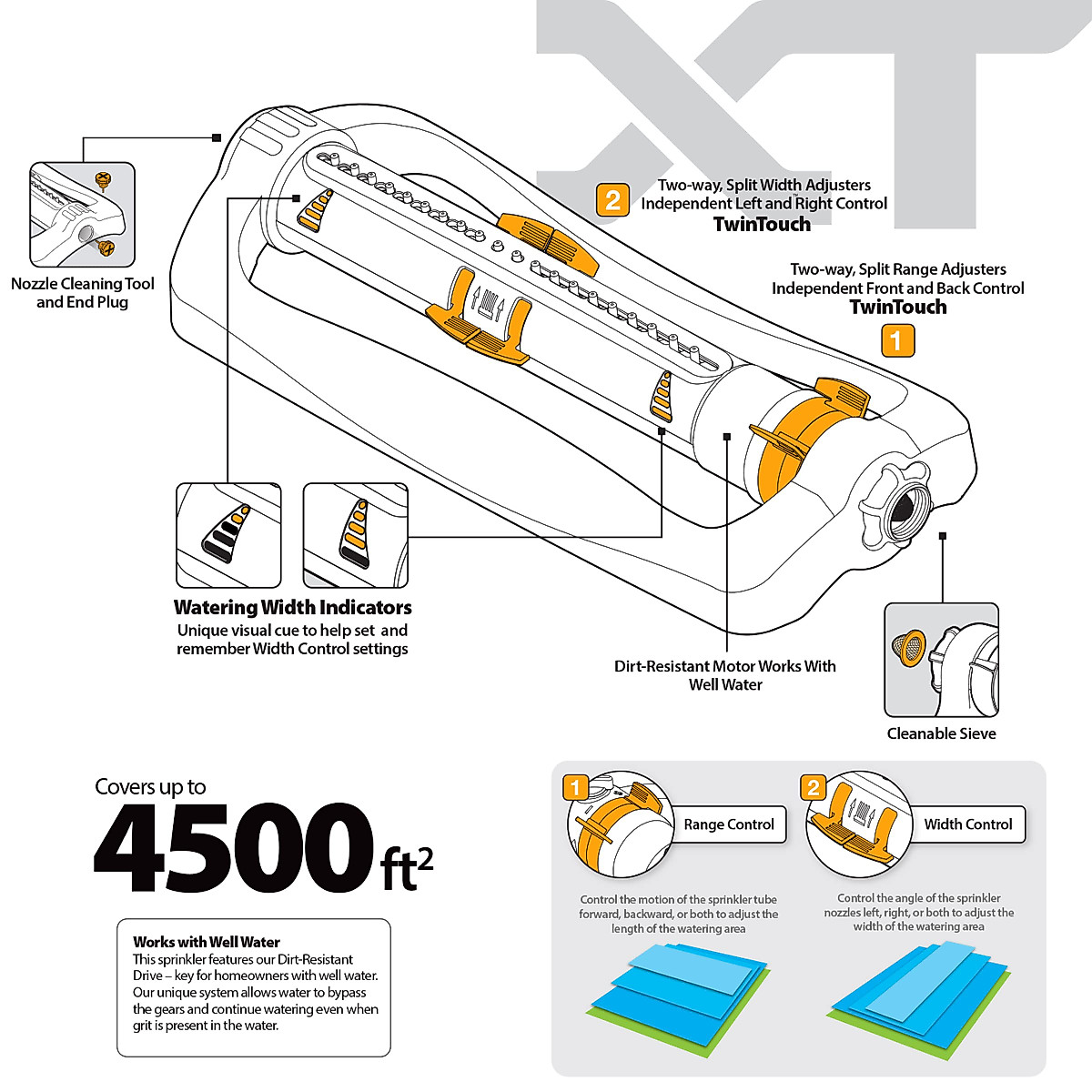 Melnor 65165AMZ XT Turbo Oscillating Sprinkler, 4,500 sq. ft., Quick Connect Bundle, 2-Way Adjustable, Black, Yellow