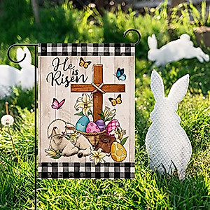 Hzppyz He is Risen Easter Cross Eggs Religious Garden Flag Double Sided, Faith Lily Lamb Butterfly Decorative Yard Outdoor Home Small Decor, Buffalo Plaid Check Burlap Outside House Decoration 12 x 18