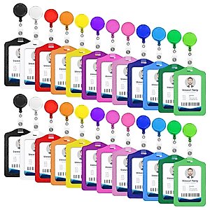 HIMOMO 24 Sets Card Badge Holder Retractable ID Holder Badge with Lanyards Multi-Color Name Badge Holder PU Leather Business ID Card Holder with Clip for Students Teachers Nurses Doctors (Vertical)