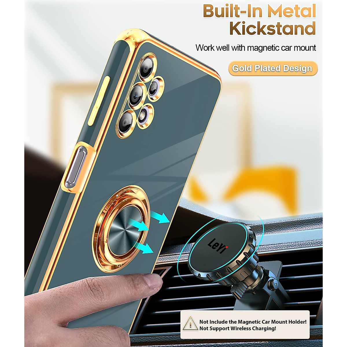 LeYi for Samsung Galaxy A32 5G Case with Tempered Glass Screen Protector [2 Pack] 360° Rotatable Ring Holder Magnetic Kickstand, Plating Rose Gold Edge Protective Case, Grey