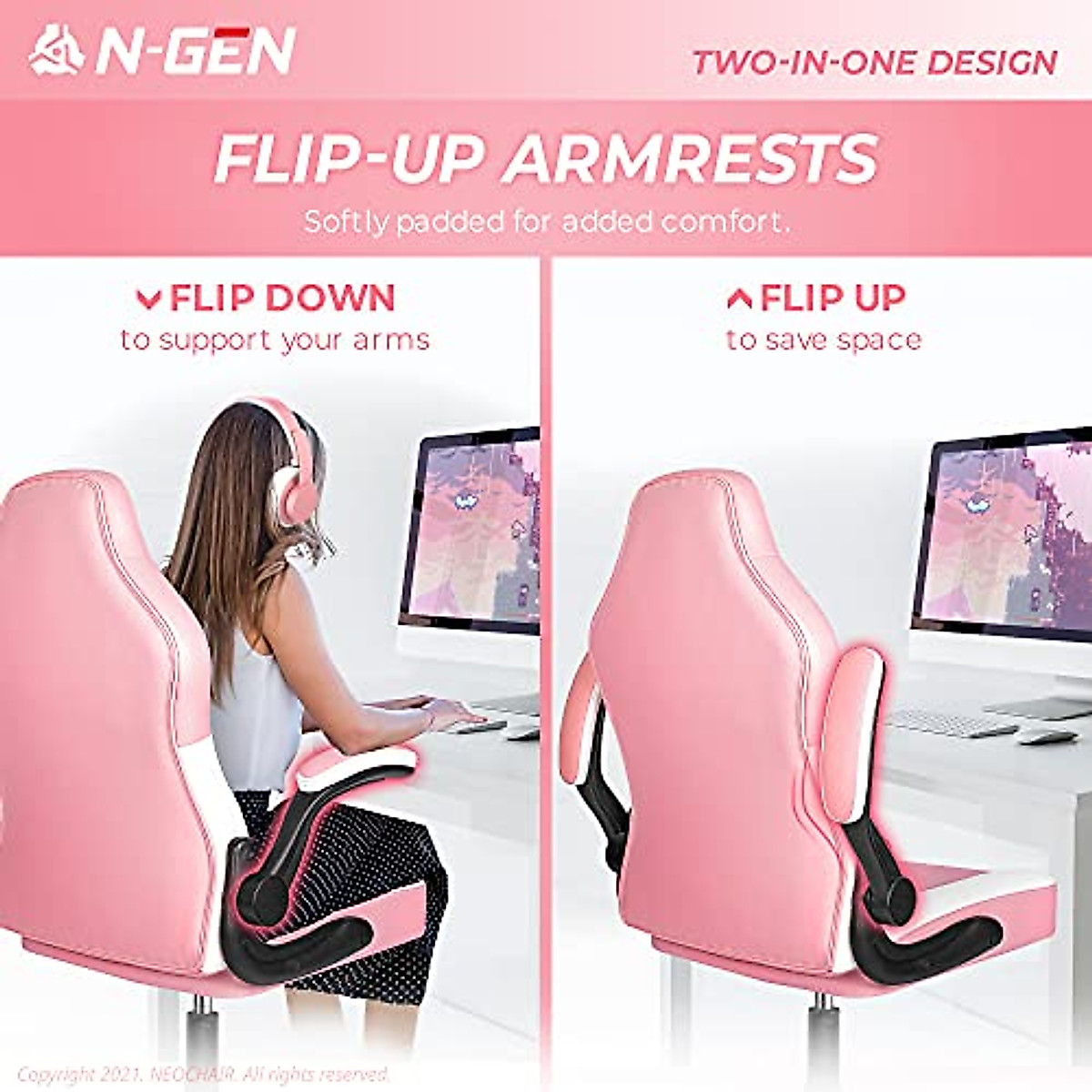 N-GEN Gaming Chair Ergonomic Office Chair PC Desk Chair with Lumbar Support Flip Up Arms Levelled Seat Style Headrest PU Leather Executive High Back Computer Chair for Adults Women Men (4. Peach Pink)