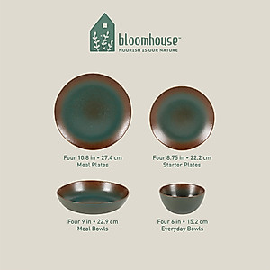 Bloomhouse - Oprah's Favorite Things - Palermo Sun Double Bowl Stoneware Reactive Glaze Plates and Bowls Dinnerware Set - Agave Blue, Service for Four (16pcs)