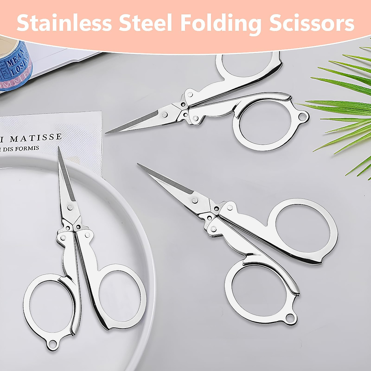 PDCTACST Small Folding Scissors, 4 PCS Mini Stainless Steel Foldable Scissor, Portable Travel Cutter Pocket Craft Scissors for School Classroom Home Camping Sewing Paper Cutting DIY Fabric Project
