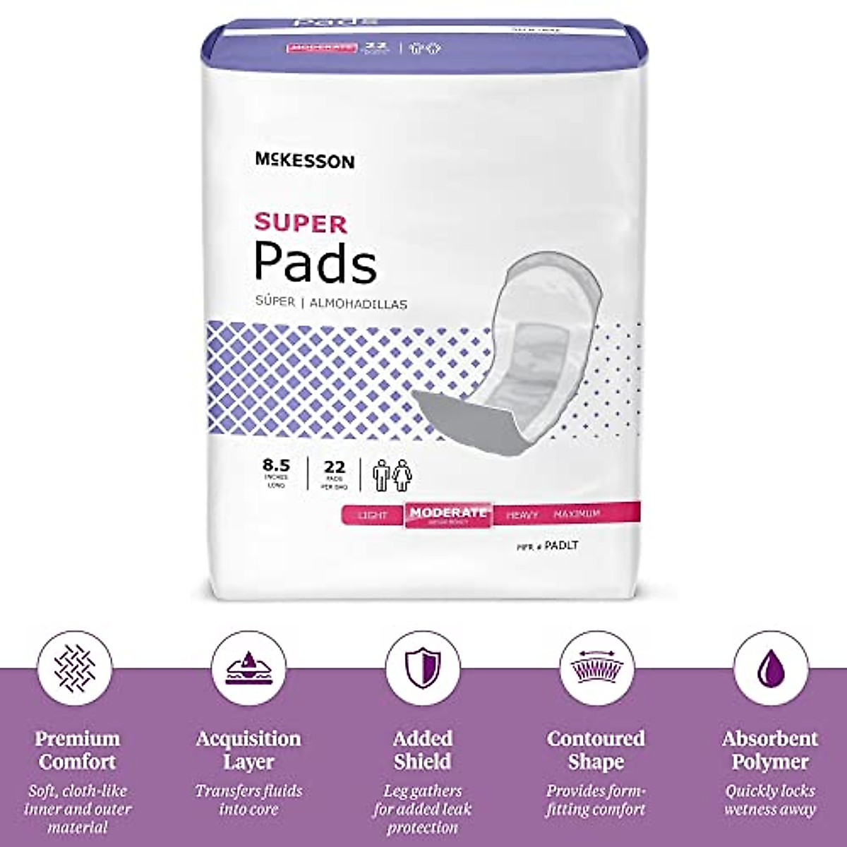 McKesson Super Pads for Women, Incontinence, Moderate Absorbency, 8 1/2 in, 22 Count, 1 Pack