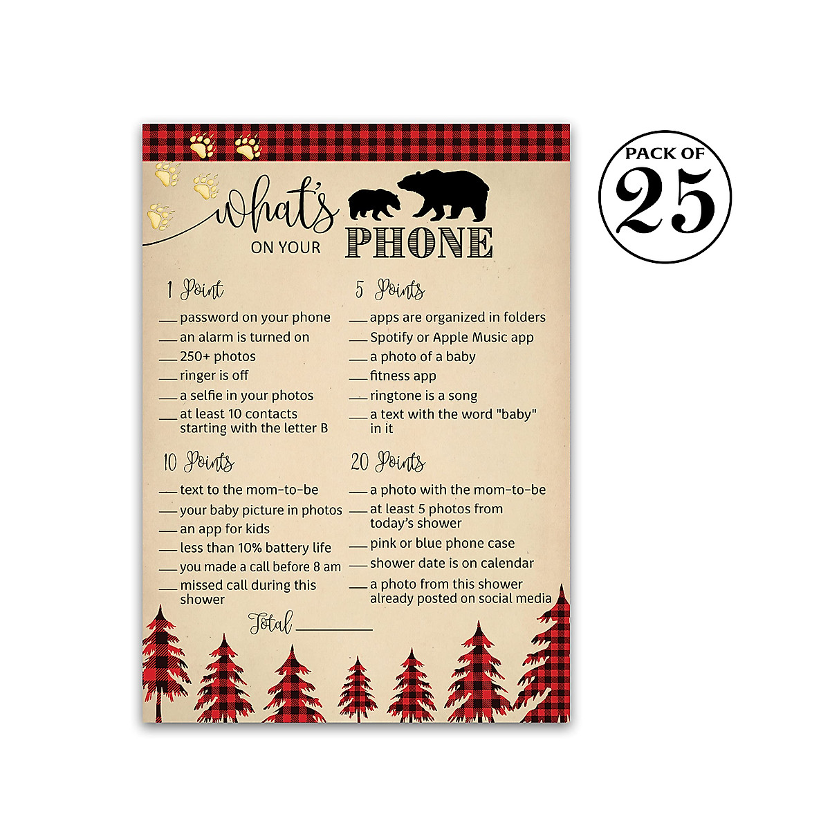 LUMBERJACK Baby Shower Games — WHAT'S ON YOUR PHONE Baby Shower Game — Pack of 25 — Country Buffalo Plaid Rustic BOY Baby Shower Games, Country Baby Shower Decoration, Baby Shower Games, SKU G805-PHN