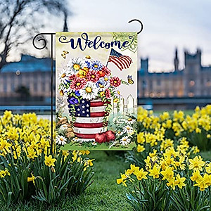 Texupday Welcome America Patriotic Floral Daisy Spring Summer Garden Flag Outdoor Yard Flag 12" x 18"