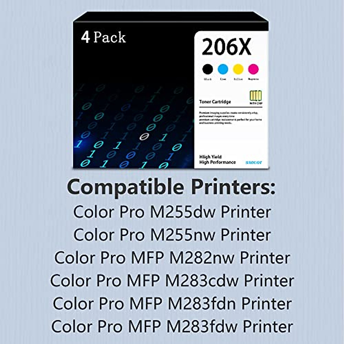 206X Black, Cyan, Yellow, Magenta, 4 Pack High-Yield Toner Cartridge (with Chip) | Compatible Replacement for HP Color Pro M255, Color Pro MFP M282, M283 Series | W2110X W2111X W2112X W2113X