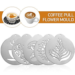DOITOOL 5Pcs Stainless Steel Coffee Decorating Stencils, Metal Foam Latte Art Templates, Reusable Barista Cappuccino Chocolate Templates Coffee Garland Mould Cake Decorating Tool
