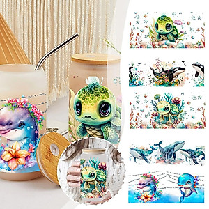 ZOHIKO Protect The Sea Iron On Transfer Patches, Marine Animals UV DTF Transfers Stickers, DIY Cup Wrap Turtle Dolphin Printed Rub on Transfers Stickers for Water Bottle Coffee Mug