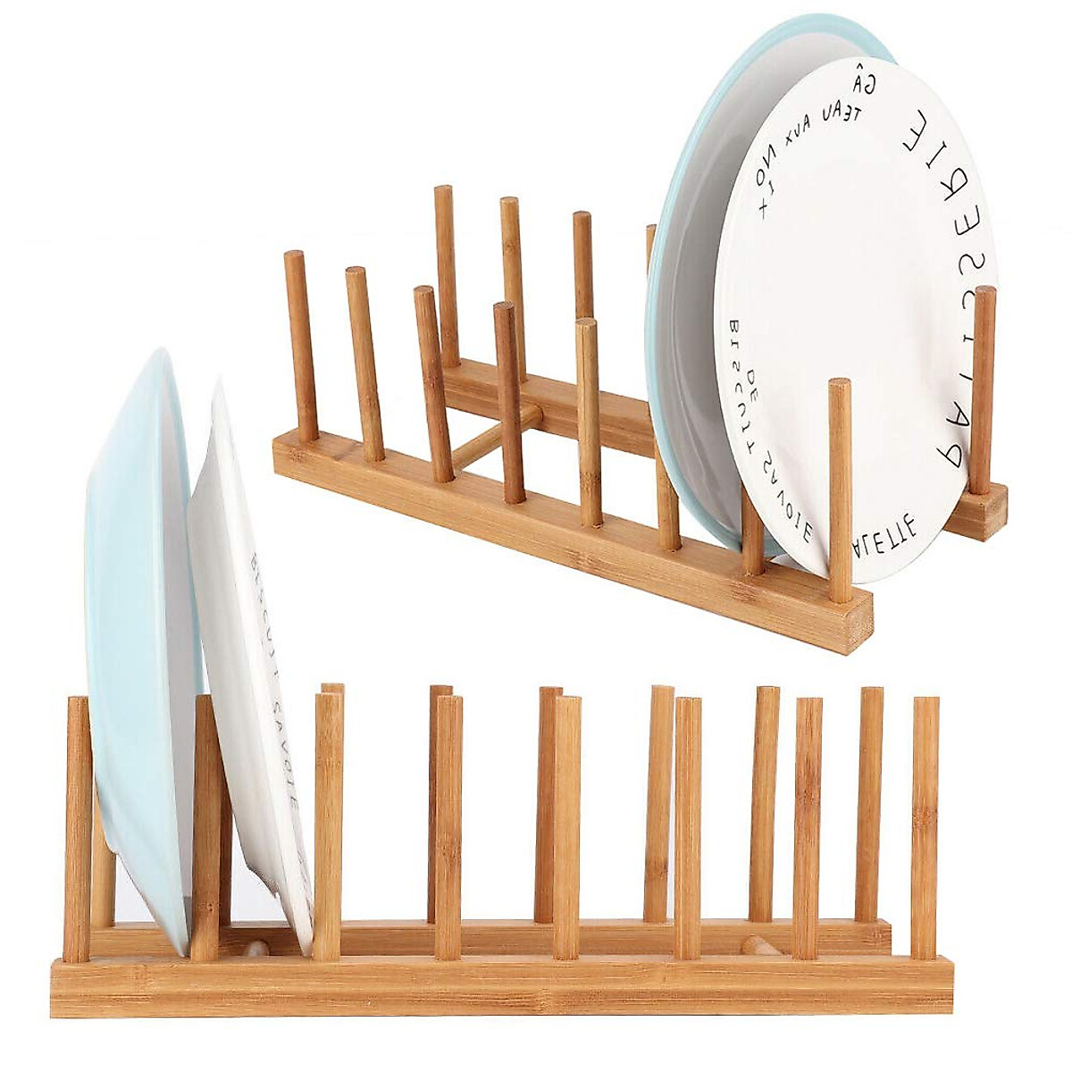 2PCS Bamboo Wooden Dish Rack, Plate Rack Stand Pot Lid Holder w/Holds 14 Plates, Kitchen Dish Plate Storage Cabinet Organizer Drainer w/ 7 Slots for Cup, Cutting Board, Bowl, Drying Rack and More