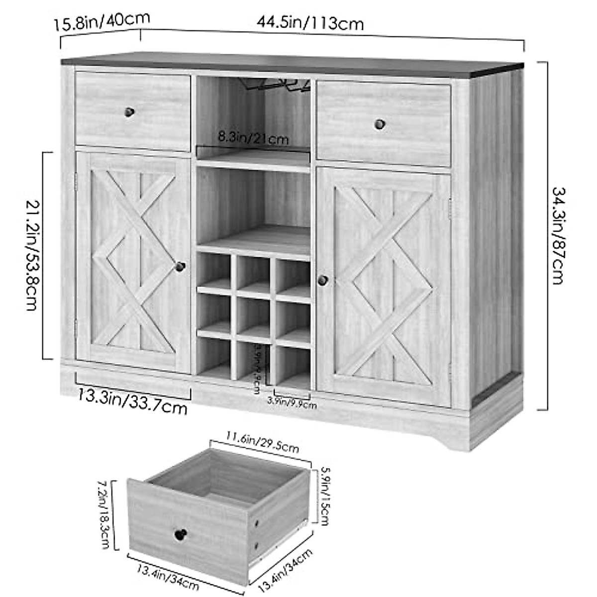 FOTOSOK Buffet Sideboard Bar Cabinet with Storage, 44.5” Farmhouse Buffet Server Bar Wine Cabinet with Removable Wine Racks, Wood Coffee Bar Cabinet Cupboard Table Dining Room Furniture Organizer