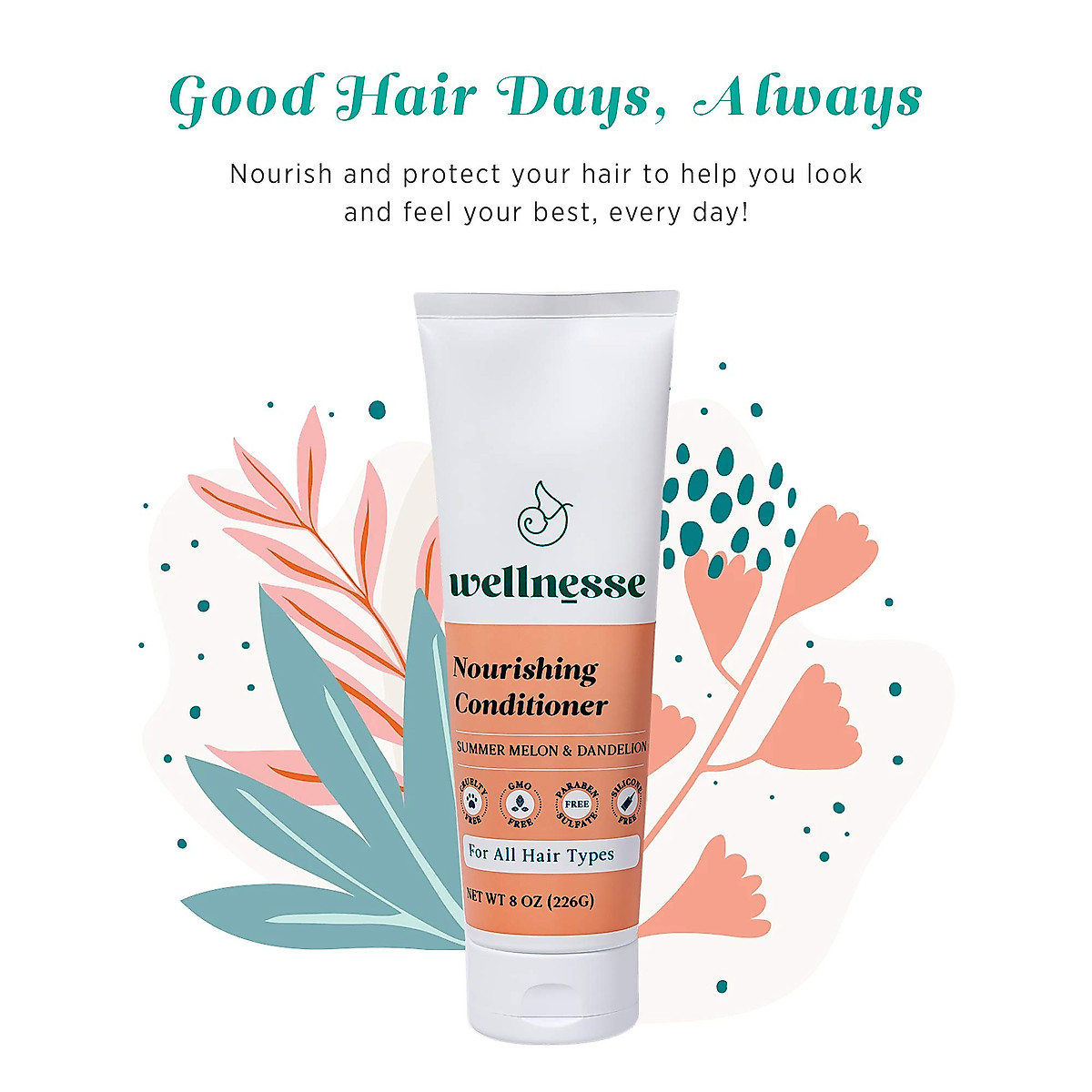 Wellnesse: Nourishing Conditioner - For All Hair Types - 8 oz - Summer Melon and Dandelion - Detangle, Moisturize & Add Volume - Cruelty-Free, Non-GMO, No Parabens, Sulfates, Silicone