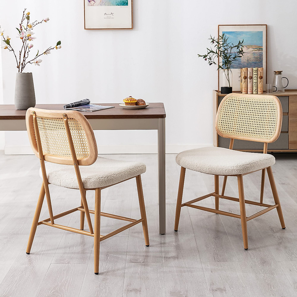 ONEVOG Classic Fabric Dining Chairs, Plush Upholstered Dining Seat，Kitchen Dining Room Chair with Curved Back, Faux Wood Metal Legs, Mid Century Modern Beige Dinner Chairs Set of 2