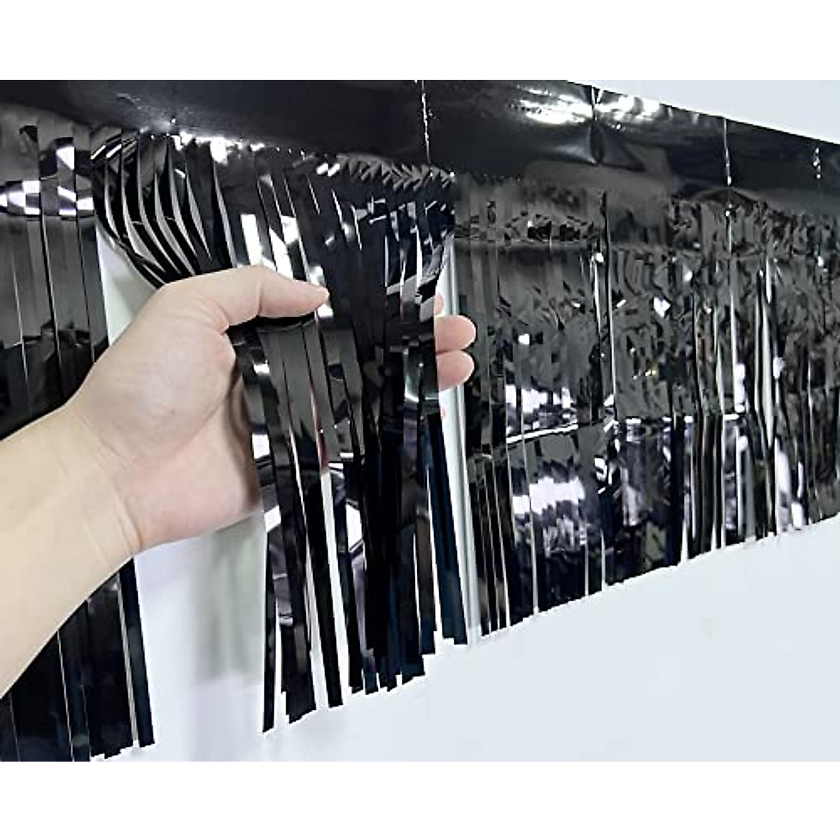 CareCheer 5 Pack 10 Feet Foil Fringe Garland Shiny Metallic Wall Hanging Drapes Tassel Skirting Decorations Supplies for Parade Float Trailer Mardi Gras Party Birthday Wedding (Black)