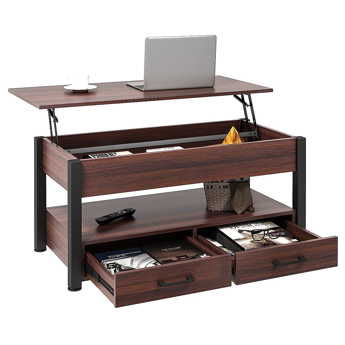 Osfvolr Lift Top Coffee Table, Coffee Table with Storage Drawers and Adjustable Metal Legs, Vintage Wood Living Room Tables with Hidden Compartment and Open Shelf, Espresso