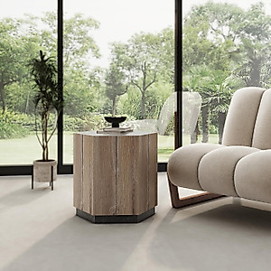 Tidyard Hexagonal Rural Style Garden Retro with Drawer Living Room Corner Table Textured Black and Warm Oak Sofa End Side Table, Bedside Nightstand for Living Room Bedroom Kitchen Bathroom