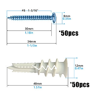 Drywall Anchor with Screws Sets - Plastic Self Drilling Dry Wall Anchors, 100 Pieces All Together