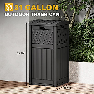 DWVO 33 Gallon Outdoor Trash Can with Tiered Lid and Drip Tray, Waterproof Resin Garbage Can for Patio, Kitchen, Deck and Backyard - Black
