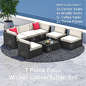 Nestl Patio Furniture Set – Outside Furniture Patio Set, 7 Piece Outdoor Patio Furniture Sets, Patio Conversation Sets with Patio Sectional, Black Wicker Patio Furniture Sets with Off White Cushions