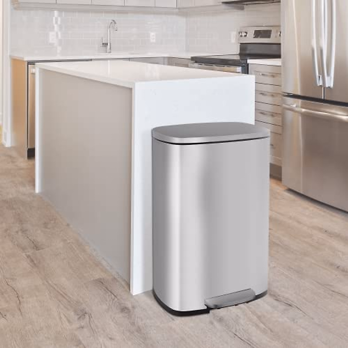 13 Gallon Trash Can, Fingerprint Proof Stainless Steel Kitchen Garbage Can with Hinged Lids & Removable Inner Bucket and Durable Pedal, Pedal Rubbish Bin for Home Office Indoor Outdoor, Silver