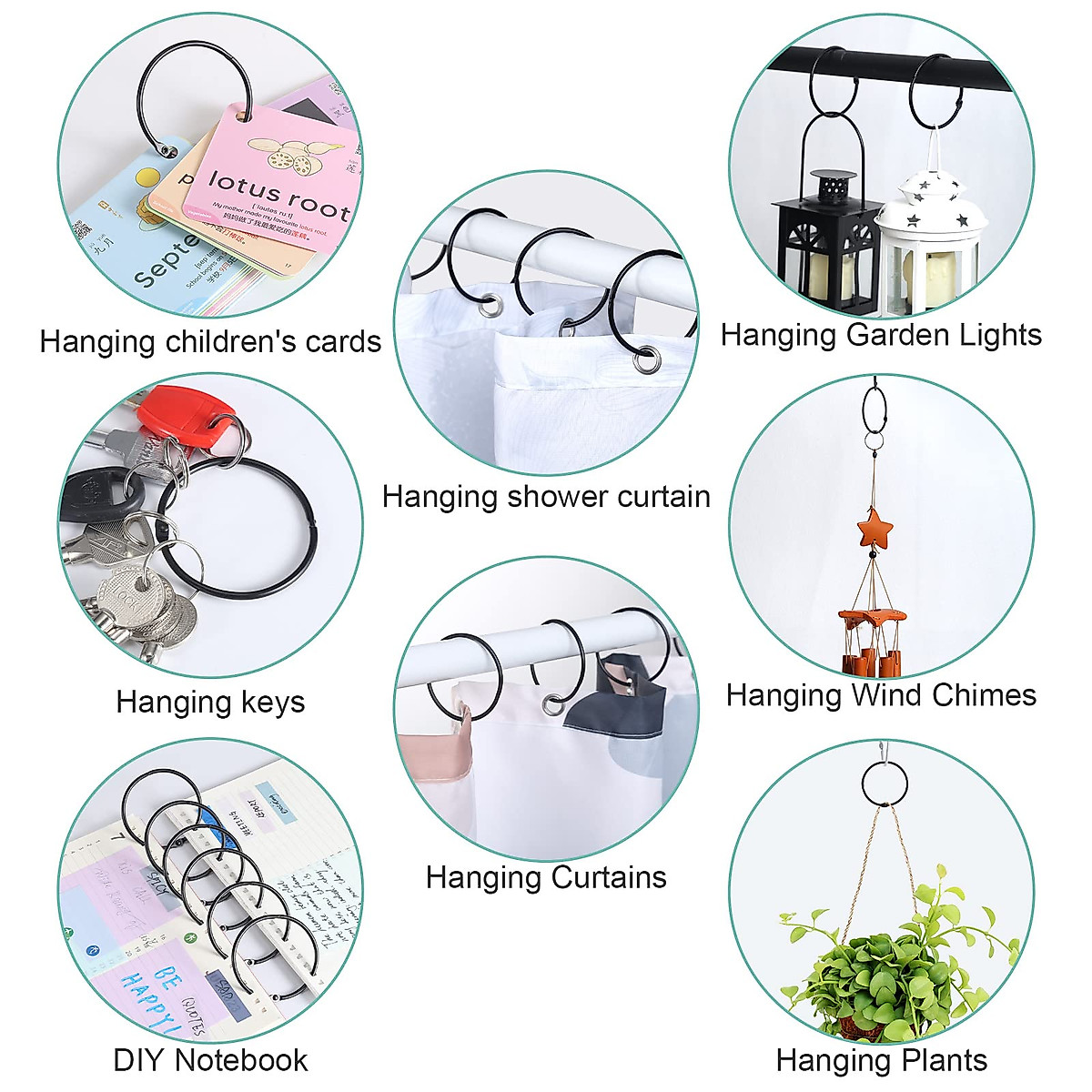 Shower Curtain Hooks, 12 Pcs Shower Curtain Rings, Round Snap Black Shower Curtain Rings, Decorative Metal Rustproof Shower Curtain Rings, Glide Smoothly Shower Rings for Curtain (Black)