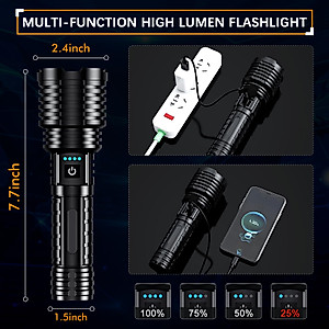 Super Bright Led Rechargeable Flashlight 2000000 High Lumens,Tactical High Powered Flashlight,Bright Flashlights With 5 Light Modes,Zoomable,IP67 Waterproof Powerful Flashlights For Camping Home (A8)