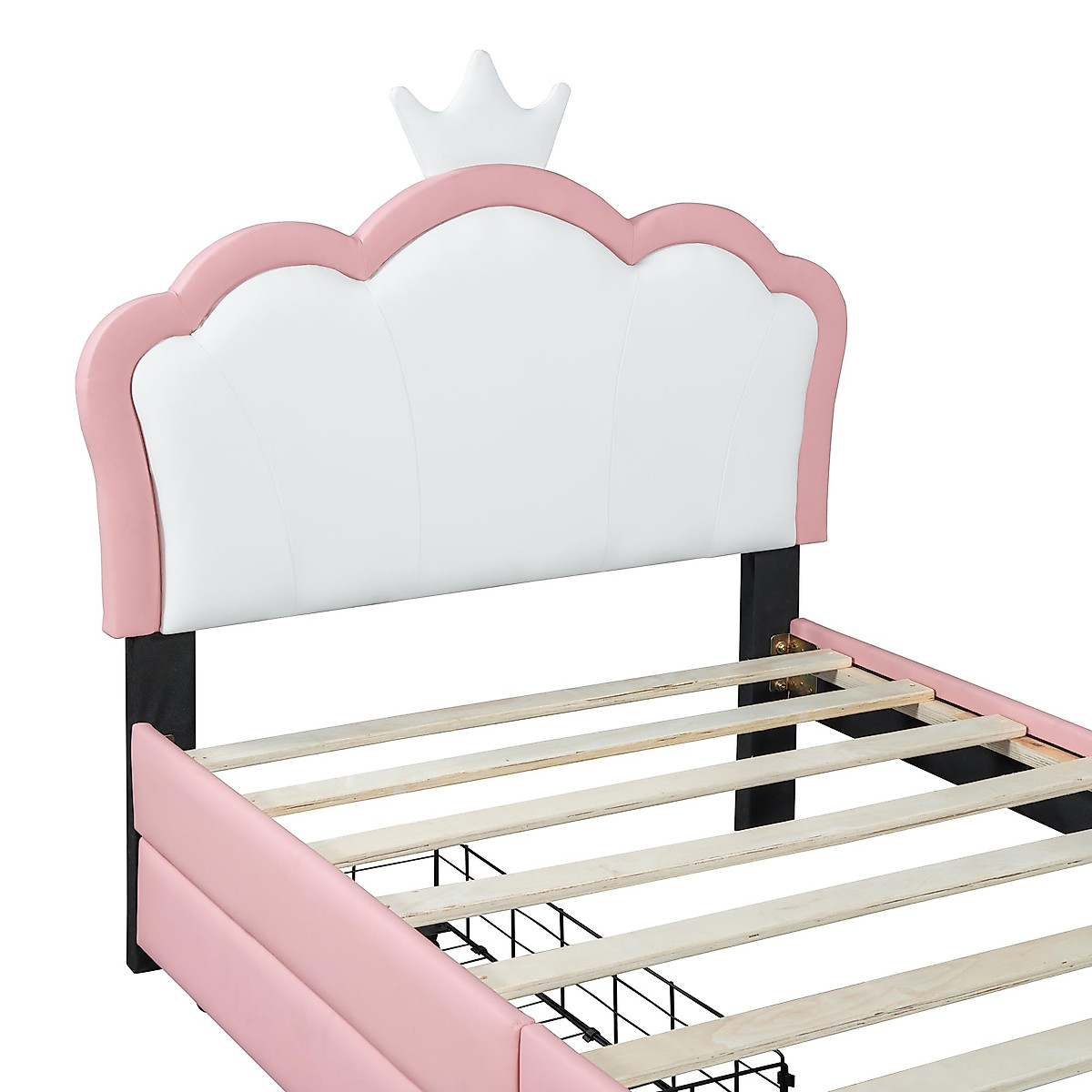 SOFTSEA Twin Size Princess Bed with Storage Drawers, Faux Leather Platform Bed with Crown Headboard for Kids Girls, No Box Spring Needed, Pink