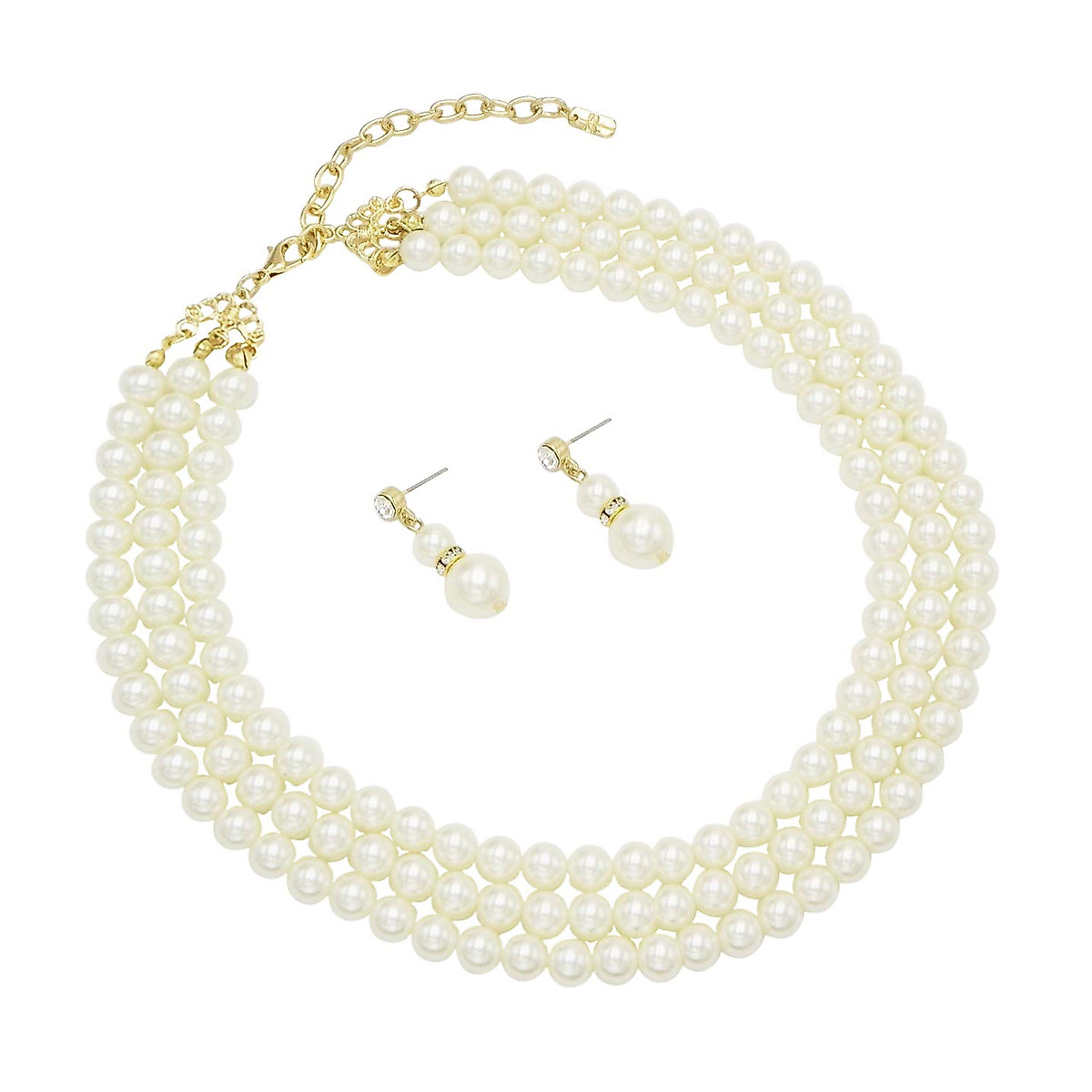 Rosemarie Collections Women's Multi Strand Classic Cream Faux Pearl Necklace and Earrings Jewelry Set, 16"-19" with 3" Extender (Cream/Gold Tone)