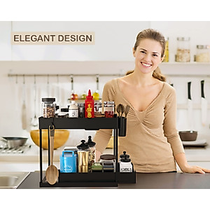 SLAH Pack of 2 Under Sink Organizers and Storage for Bathroom - 2 Tier Undersink Storage with Sliding Drawer and Hanging Hooks - Multi-purpose Organization for Kitchen Sink Organizer Under Cabinet