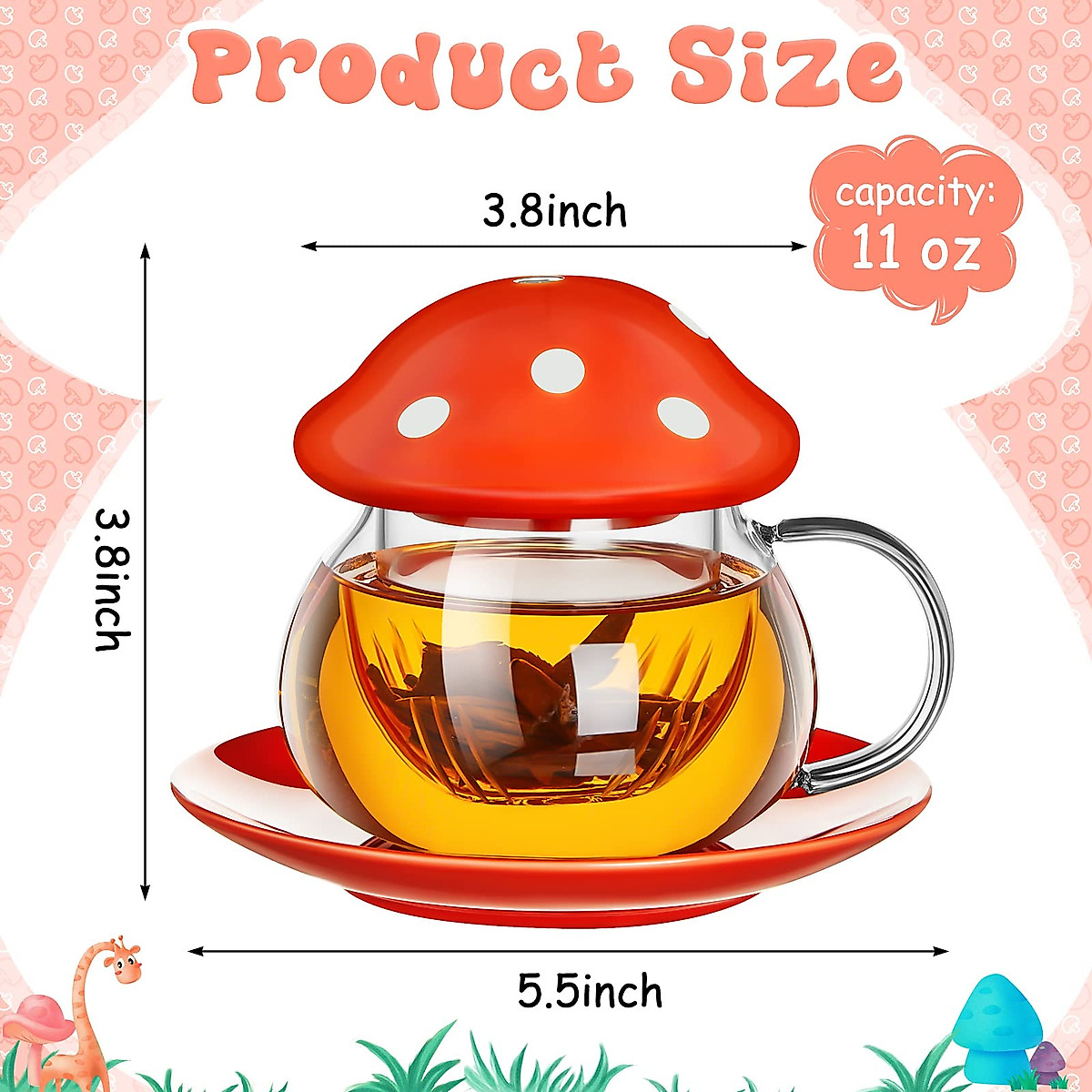 Irenare 2 Sets Mushroom Mug Cute Mushroom Cup with Infuser Lid Coaster Cute Coffee Cups Mushroom Teapot Glass Tea Mug Kawaii Teacup for Christmas Gift, 11 Oz, Orange and Green