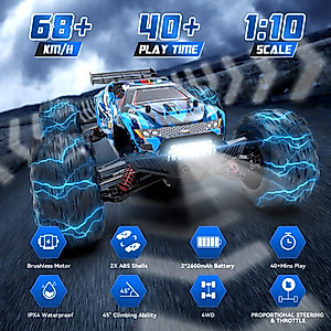 Hosim Brushless RC Cars, 1:10 68+ KMH High Speed Remote Control Car for Adults Boys, 4X4 All Terrains Waterproof Off Road Hobby Grade Large Fast Racing Buggy Toy Gift Monster Trucks