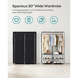 SONGMICS Portable Closet Wardrobe with Shoe Rack and Cover, Closet Storage Organizer, 2 Hanging Rods, Shelves, and 4 Side Pockets, 50 x 17.7 x 69.3 Inches, Spacious for Bedroom, Black URYG008B02