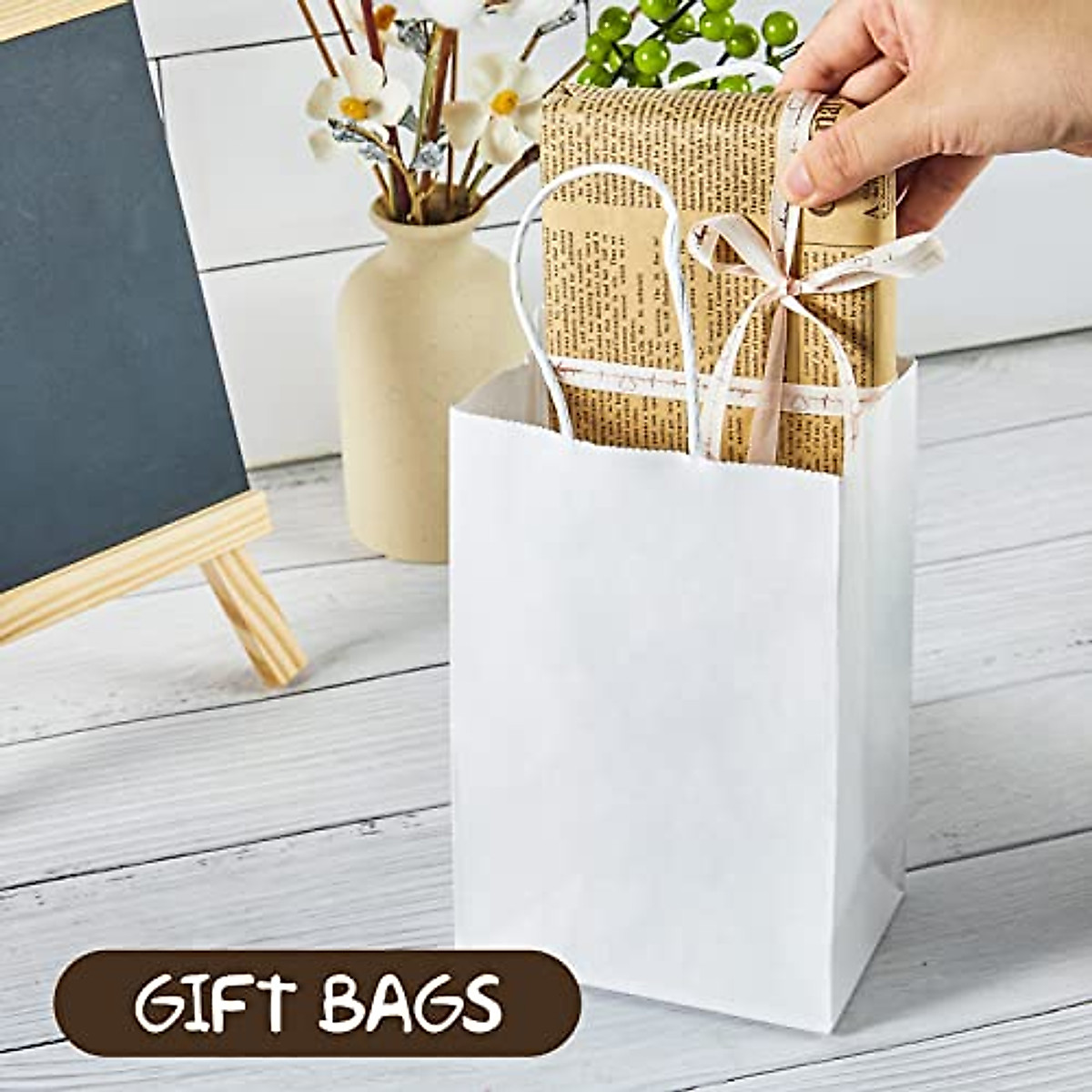 LITOPAK 100Pcs Paper Gift Bags, 8x5.25x3.75 Inches, White, Solid, Minimalist, Christmas, General Use, Gift Wrap, Bulk