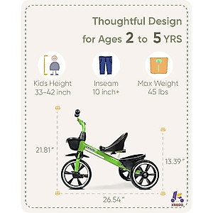 KRIDDO Tricycles Age 24 Month to 4 Years, Toddler Kids Trike for 2.5 to 5 Year Old, Gift for 2-4 Year Olds , Green