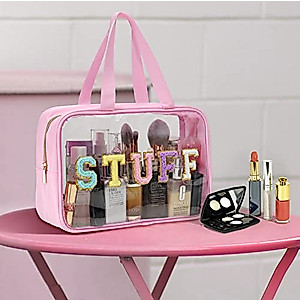 Yowivon Clear Tote Bag Pink Preppy Large Makeup Bag Travel Toiletry Cosmetic Organizer Bag with Handle, Transparent Waterproof Beach Bag Snack Stadium Bags for Women Girls