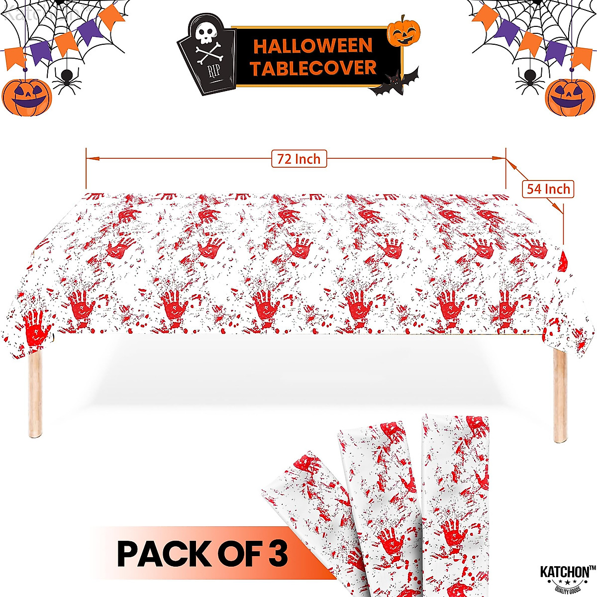 KatchOn, Bloody Table Cloth Halloween - Pack of 3, Large 54x72 Inch | Halloween Tablecloth Plastic, Zombie Red Bloody Handprint Tablecloth | Halloween Table Cover for Halloween Table Decorations