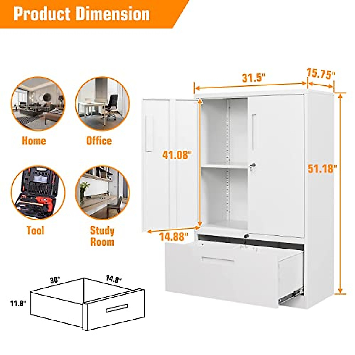 ZAOUS File Cabinet 1 Drawer, Metal File Cabinet with Lock, Lateral Filing Cabinet with Doors & Adjustable Shelves for Home Office, Living Room, Pantry, Gym, Basement, Warehouse, White