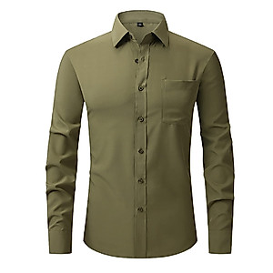 ATOFY Men's Long Sleeve Dress Shirt Regular Fit Casual Button-Down Solid Shirt with Pockets(Army Green, L)
