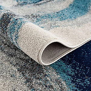 Hauteloom Istanbul Collection Modern Abstract Living Room Bedroom Area Rug - Marble Swirl Pattern - Contemporary Carpet - Grey, Blue, Beige, Navy Blue - 7'10" x 10'3"
