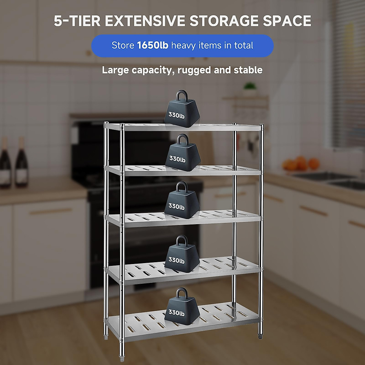 Garvee Stainless Steel Shelves,60x18x72 in Storage Shelf 5-Tier Heavy Duty Adjustable Shelf Unit with Adjustable Height and Vent Holes for Kitchen Garage Office Restaurant,330lb Per Shelf