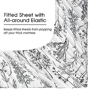 HYPREST Floral Sheets Queen Size,18 inches Deep Pocket Sheets, 1800 Thread Count Black and White Leaf Floral Bed Sheets Soft Breathable Cute Aesthetic Shabby Chic Bed Sheets, Oeko-Tex Certificated.
