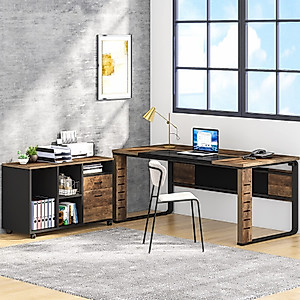 Tribesigns Large L-Shaped Computer Desk, 59 inch Executive Office Corner Desk Workstation Business Furniture with Letter Size File Cabinet for Home Office, Light Brown