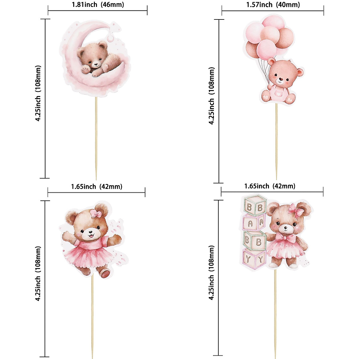 Gyufise 36Pcs Baby Shower Bear Cupcake Toppers Moon Baby Bear Baby Shower Cake Topper Decorations Jungle Animal Theme Baby Shower Birthday Party Cake Supplies Pink