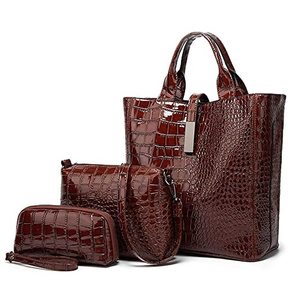 ZiMing Women Handbags and Purses Set Glossy Crocodile Pattern Leather Tote Bags Cross-body Bag Satchel Handbag Wallet Wristlets Bag 3 Pcs -Brown