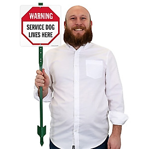 SmartSign 10 x 10 inch “Warning - Service Dog Lives Here” Yard Sign with 3 foot Stake, 40 mil Laminated Rustproof Aluminum, Red, Black and White, Set of 1, Made in USA