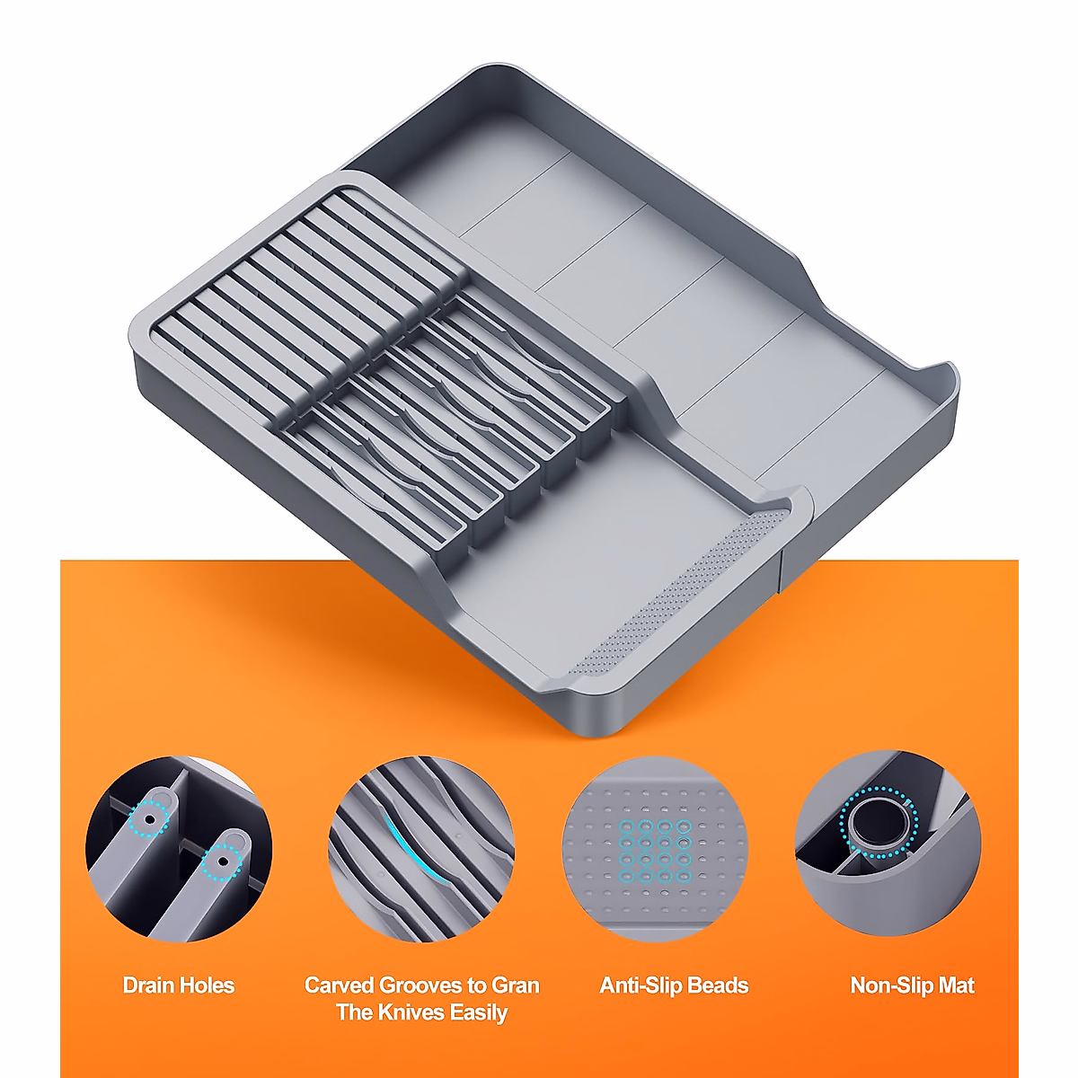 RISHTEN Kitchen Knife Drawer Organizer Grey, In Drawer Knife Block Holder with Expandable Cutlery Tray Compact Organization Drawer Storage Holds Up To 11 Knives (Including Hooks&Sponges)